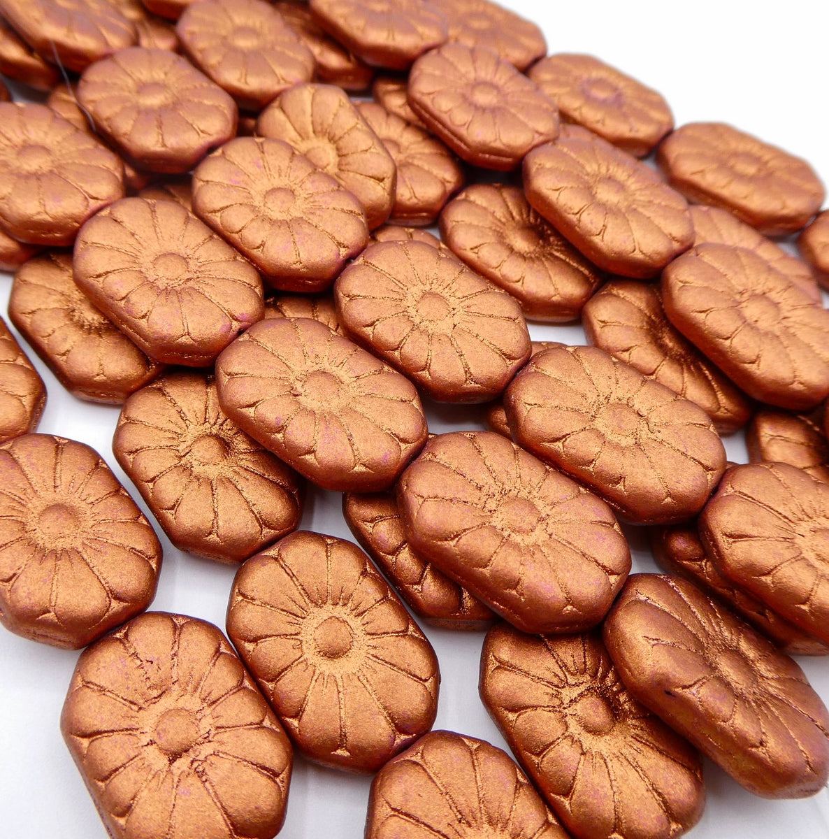 Czech Rounded Rectangle With Flower Glass Beads 19x13mm Matte Copper ...
